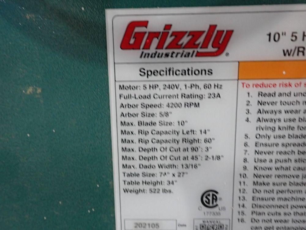 Used Grizzly Table Saw | HGR Industrial Surplus