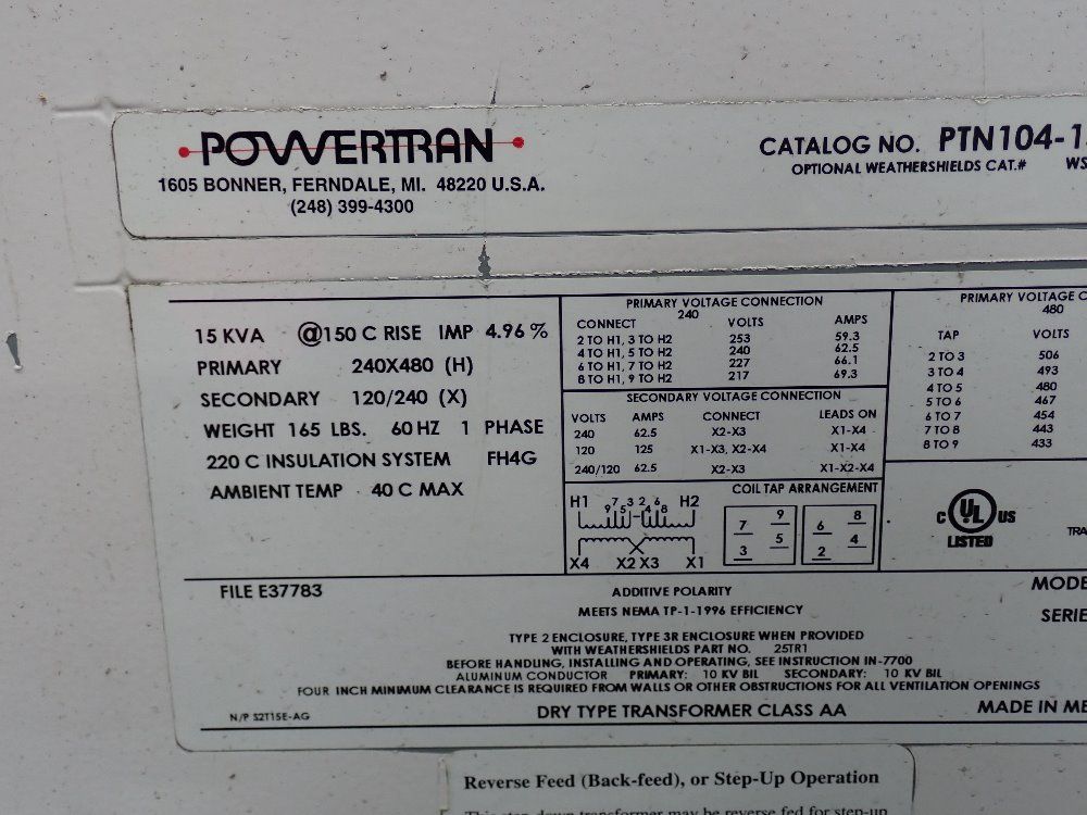 Used Powertran 15 Kva Transformer | HGR Industrial Surplus