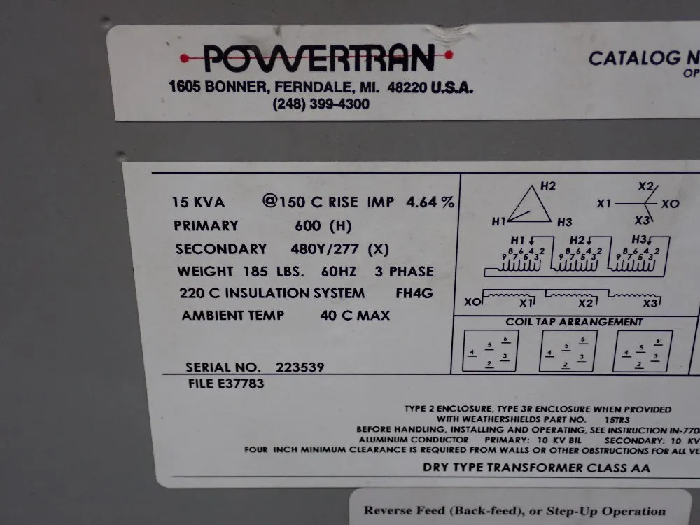 Used Powertran 15 Kva Transformer | HGR Industrial Surplus